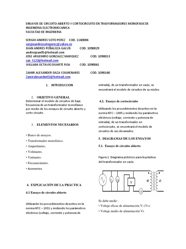 Ensayos de Circuito Abierto y Cortocircuito en Trasformadores Monofasicos | PDF | Transformador ...