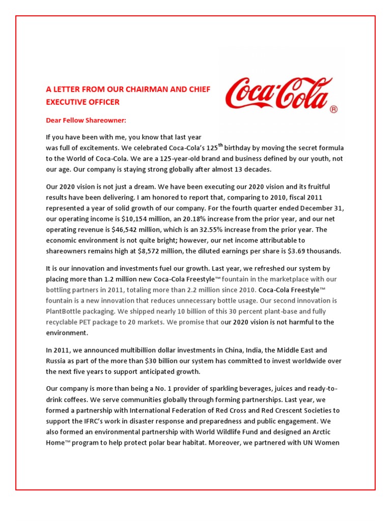 Coca-Cola Shareholder Letter | PDF | International Federation Of Red ...