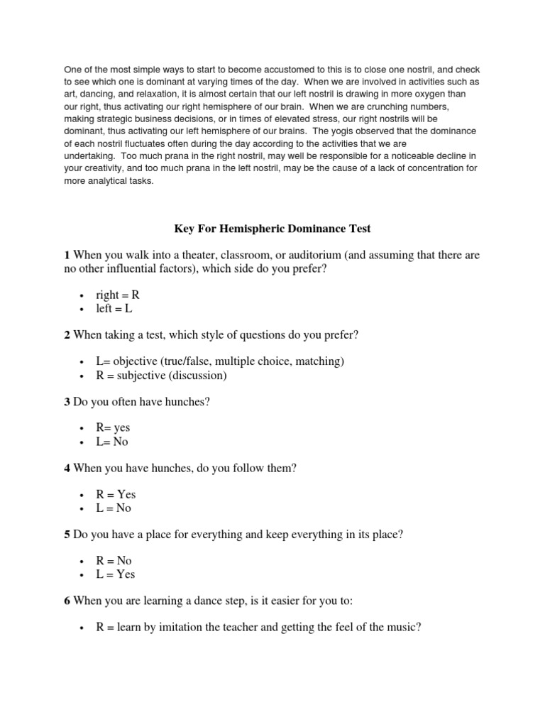 Hemispheric Dominance Test | PDF | Lateralization Of Brain Function ...
