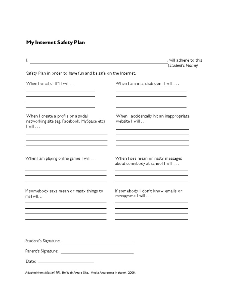 My Internet Safety Plan: Adapted From Internet 101, Be Web Aware Site ...