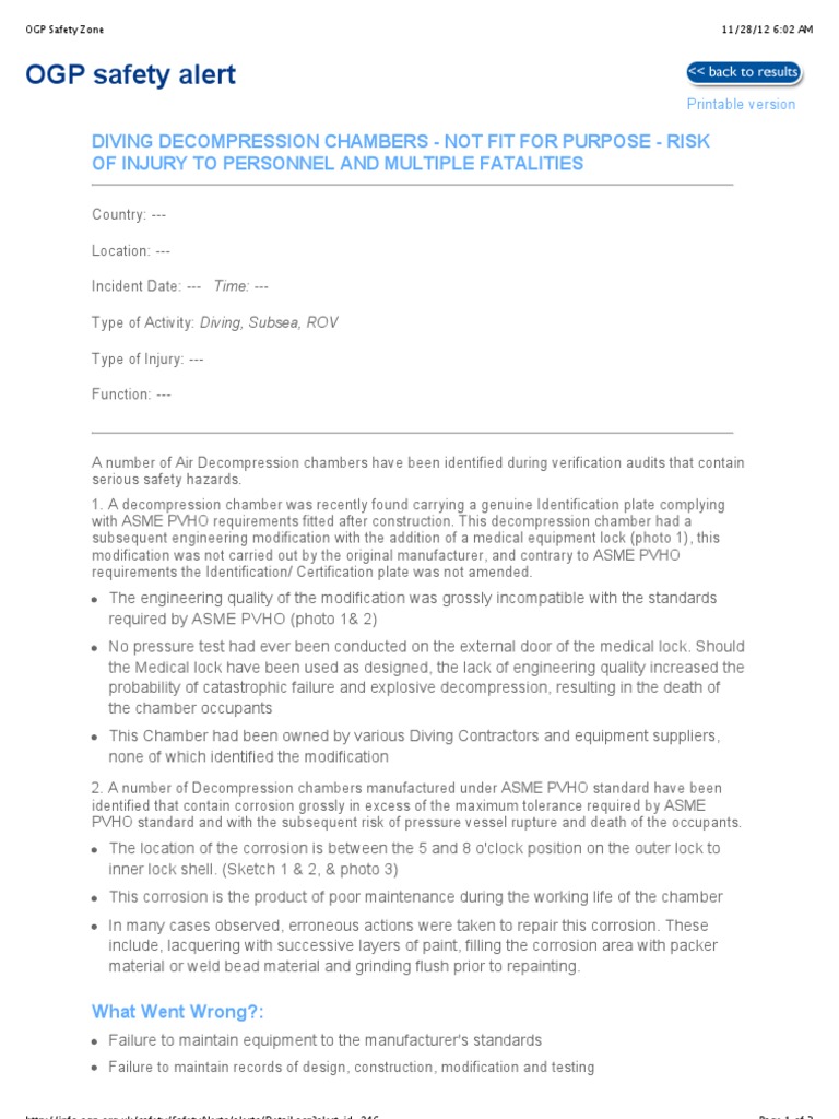 Diving Decompression Chambers - Not Fit For Purpose - Risk of Injury To ...