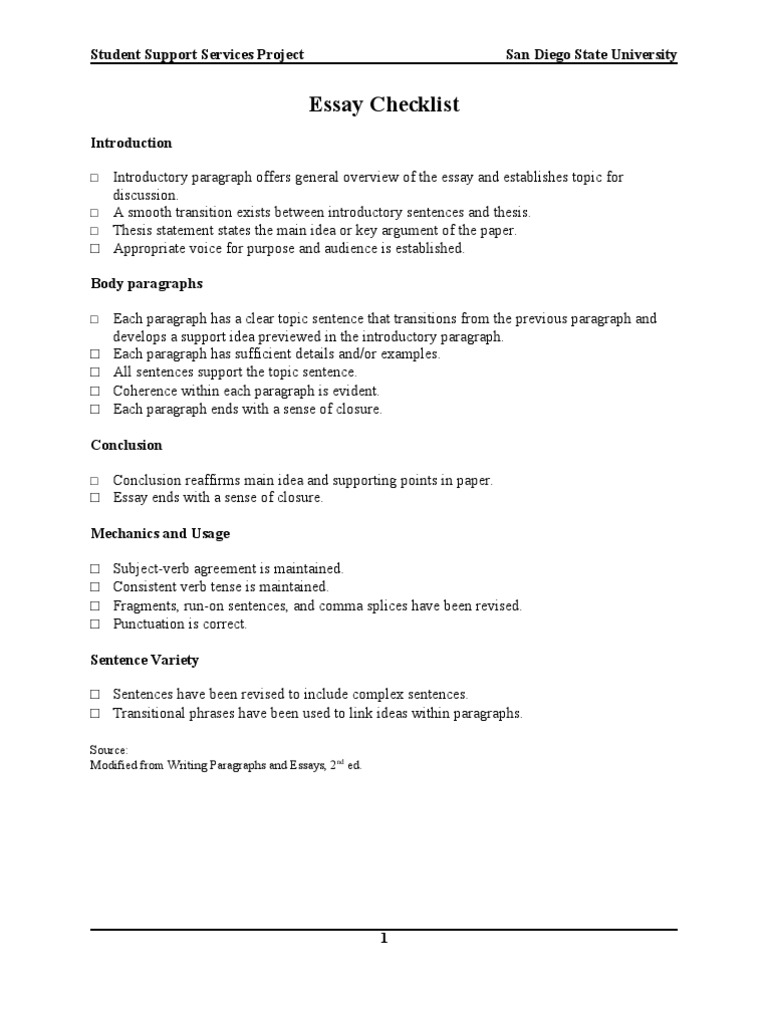 Essay Checklist: Student Support Services Project San Diego State ...