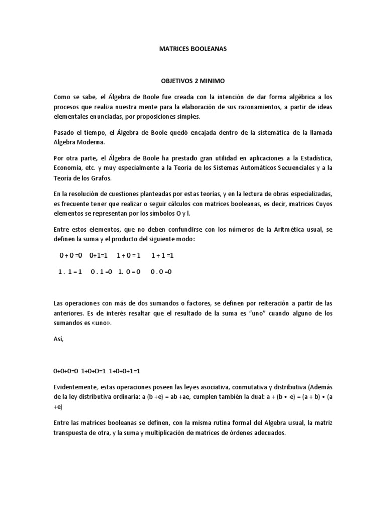Matrices Booleanas | PDF | Matriz (Matemáticas) | Álgebra de Boole