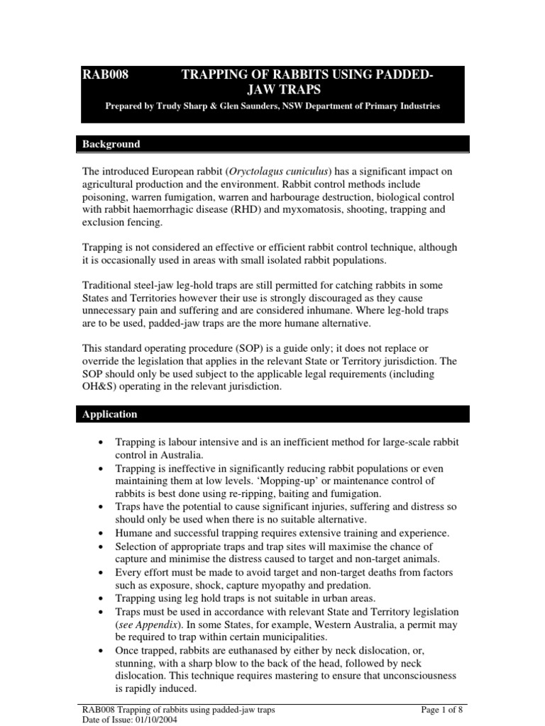 Rab008 Trapping Rabbits Padded Jaw Traps | PDF | Trapping | Animal Welfare
