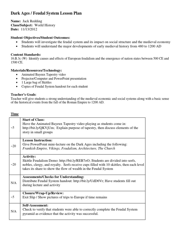 Dark Ages Lesson Plan | PDF | Lesson Plan | Feudalism