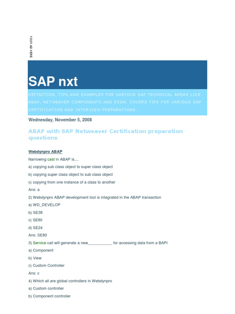 SAP NXT: ABAP With SAP Netweaver Certification Preparation Questions | PDF