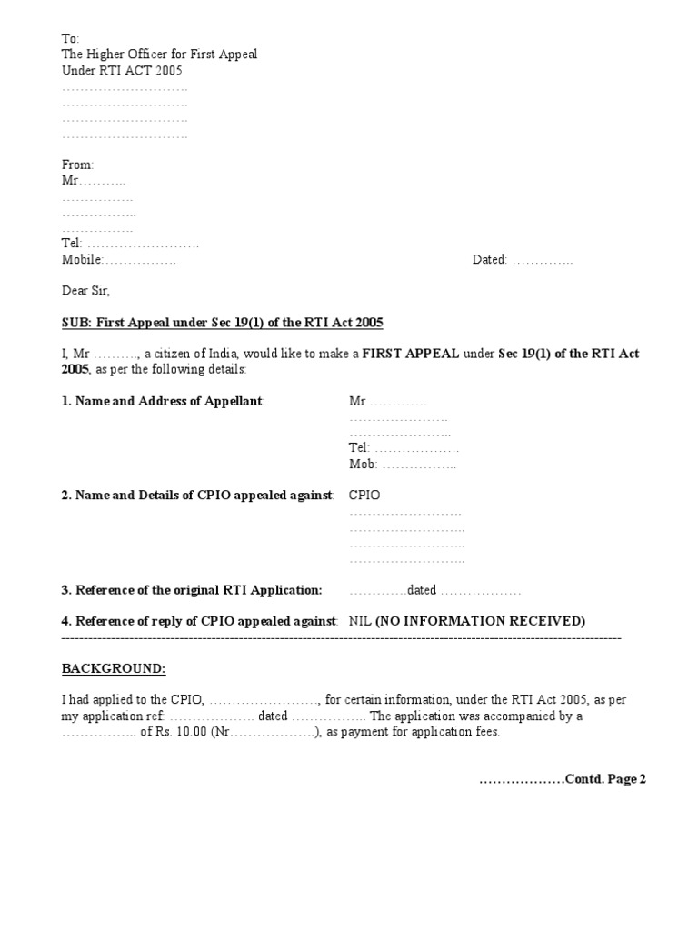 RTI First Appeal Format/Template | PDF | Virtue | Public Law