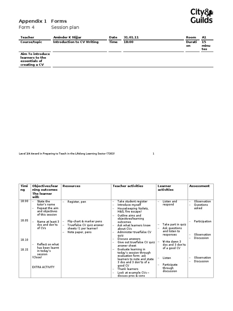 City And Guilds Ptlls Lesson Plan Template - programmontana