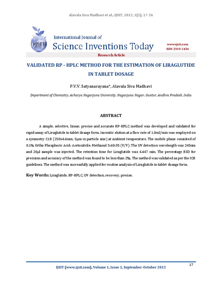 Validated RP - HPLC Method For The Estimation of Liraglutide in Tablet Dosage | PDF | High ...