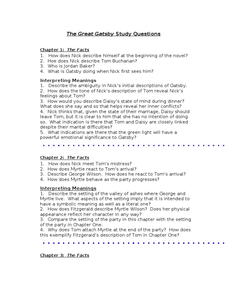 The Great Gatsby Study Questions Guide | PDF | The Great Gatsby