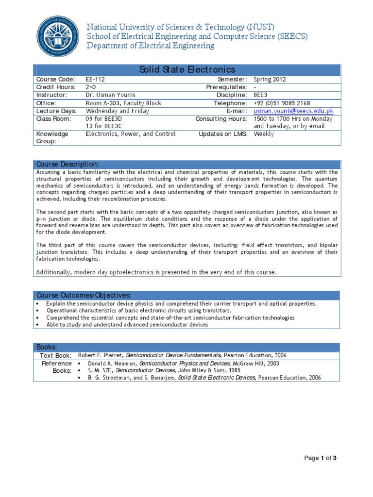 EE-112 Solid State Electronics PDF | PDF | Semiconductors ...