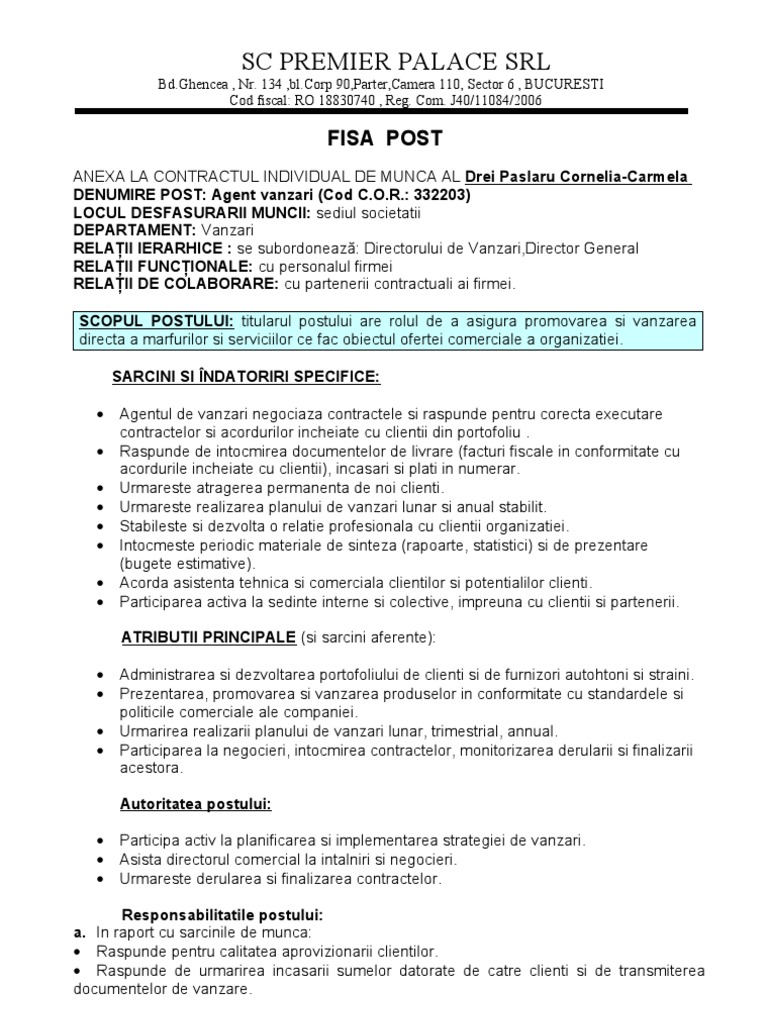 Fisa Post Agent Vanzari Premier | PDF