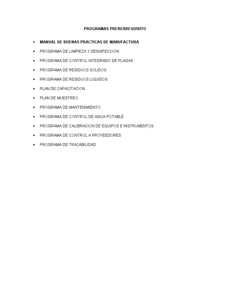 Programas Prerrequisito para Calidad | PDF | Análisis de Riesgo y Puntos Críticos de Control ...