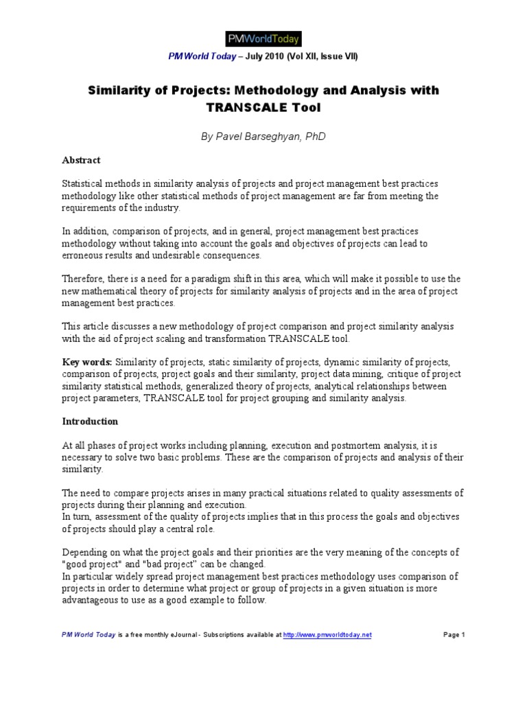 Similarity of Projects Methodology and Analysis With TRANSCALE Tool ...