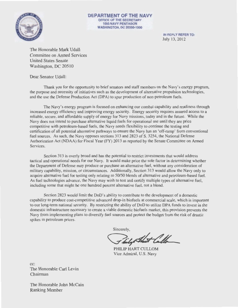 Navy's letter on need for ability to utilize biofuels | United States ...