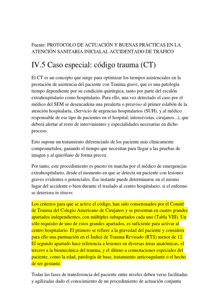 Código Trauma: Protocolo y Criterios | PDF | Lesión | Hospital