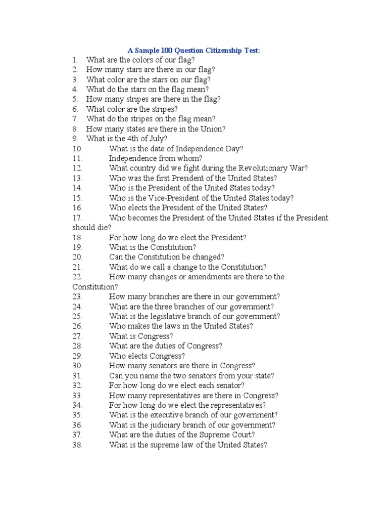 100 Sample Citizenship Test Questions | PDF | Presidents Of The United ...