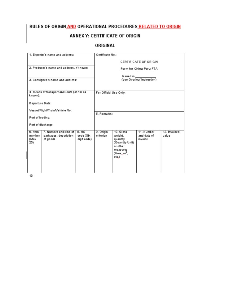 Certificate of Origin for China-Peru FTA | PDF