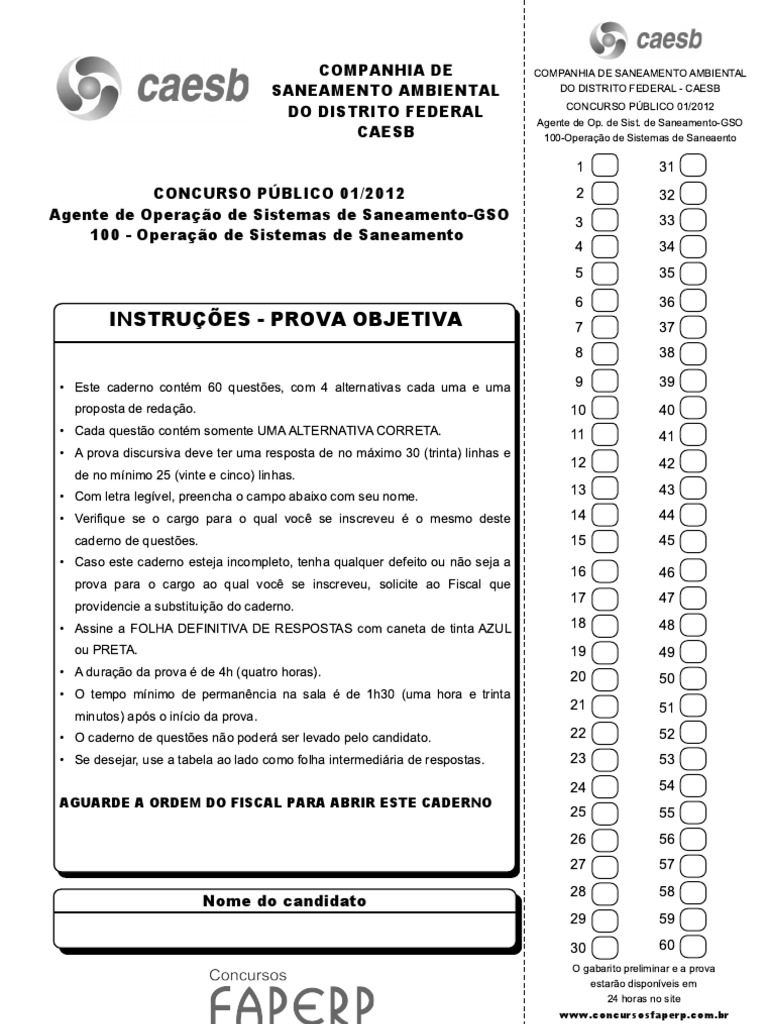 Prova Agente Saneamento Caesb | PDF | Cloro | Desperdício