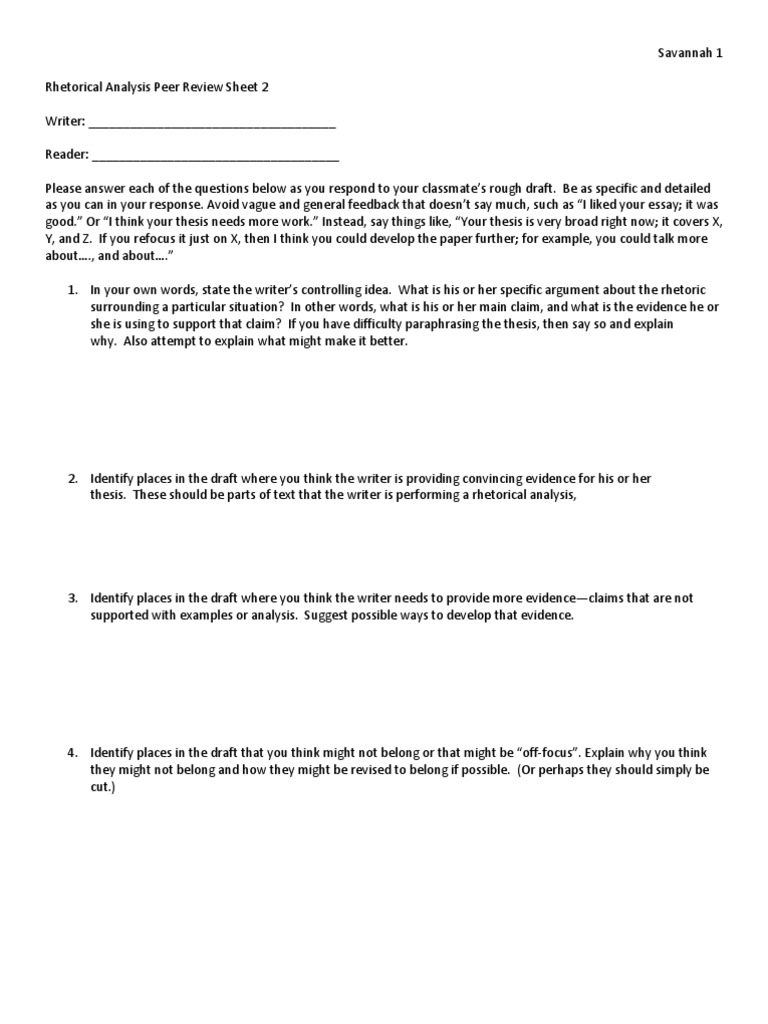 Rhetorical Analysis Peer Response Sheet | PDF | Rhetoric | Writers