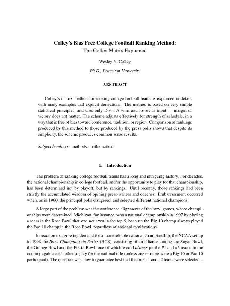 Colley's Bias Free College Football Ranking Method:: The Colley Matrix ...