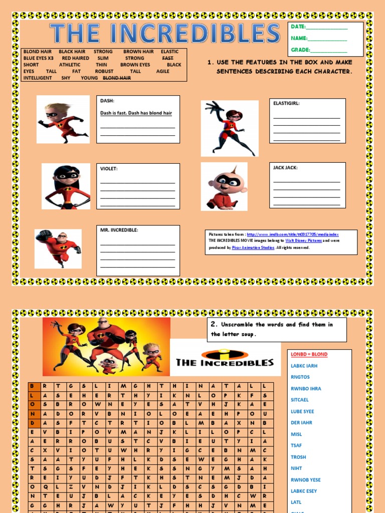 Incredibles Character Descriptions Worksheet | PDF