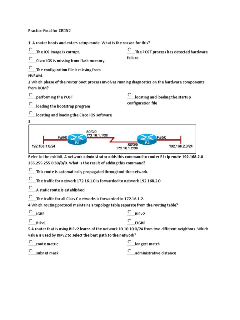 Practice Final For CIS152 | PDF | Routing | Router (Computing)