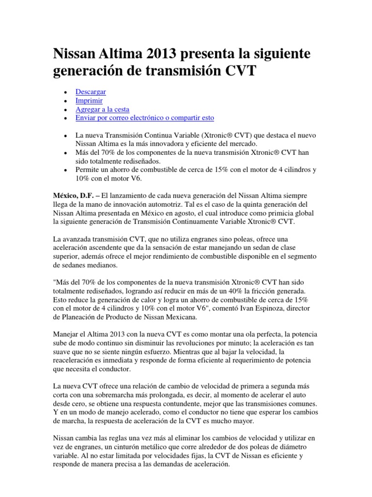 Nissan Altima 2013 Presenta La Siguiente Generación de Transmisión CVT | PDF | Transmisión ...