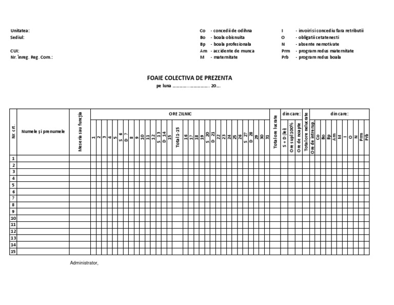 Foaie Colectiva de Prezenta (Pontaj) - 31 Zile | PDF