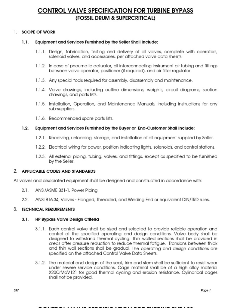 Control Valve Specification For Steam Turbine Bypass | PDF | Valve ...