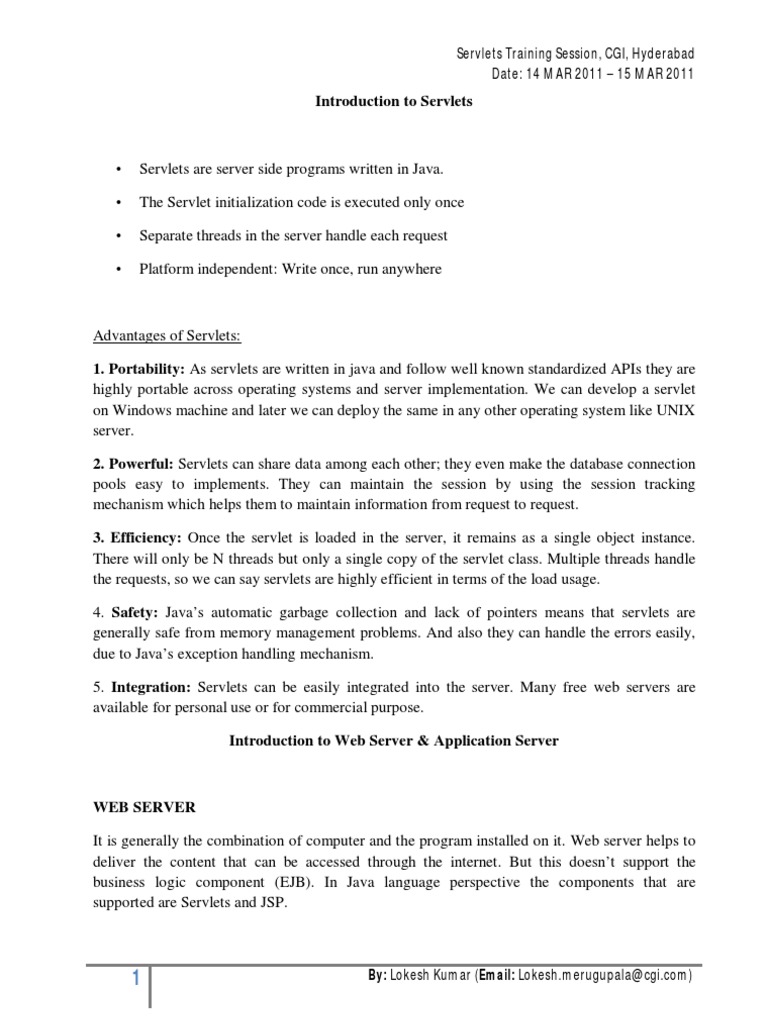 Servlets Training Session, CGI, Hyderabad Date: 14 MAR 2011 - 15 MAR 2011 | PDF | Java Servlet ...