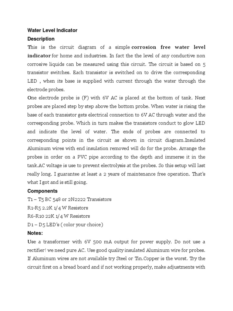 Water Level Indicator | PDF | Transistor | Switch