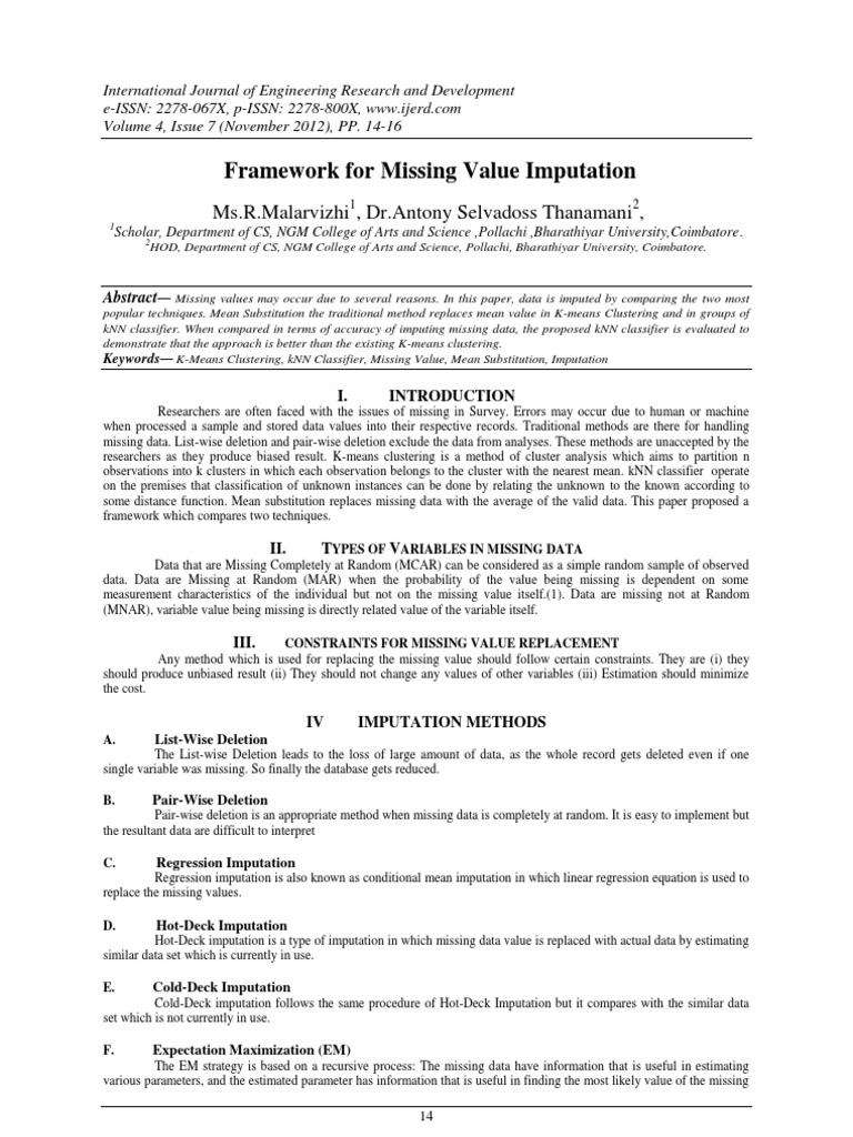Framework For Missing Value Imputation Ms R Malarvizhi Dr Antony