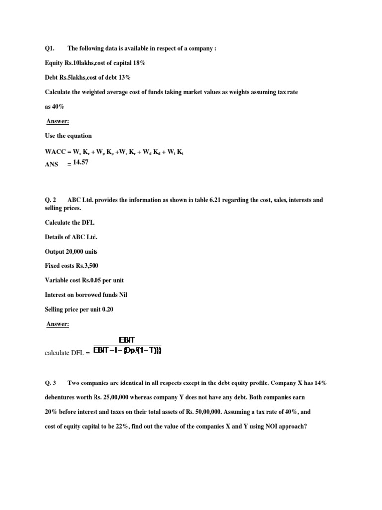 Use The Equation Wacc W K + W K +W K + W K + W K ANS : Calculate DFL ...