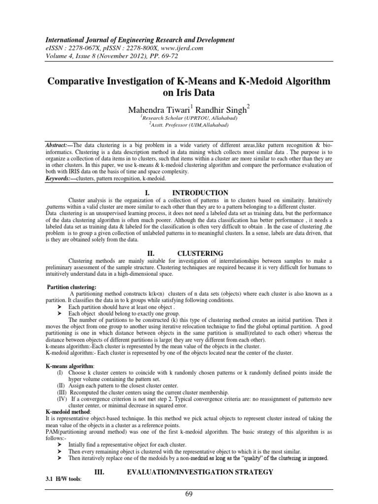 Comparative Investigation Of K Means And K Medoid Algorithm On Iris Data Pdf Cluster