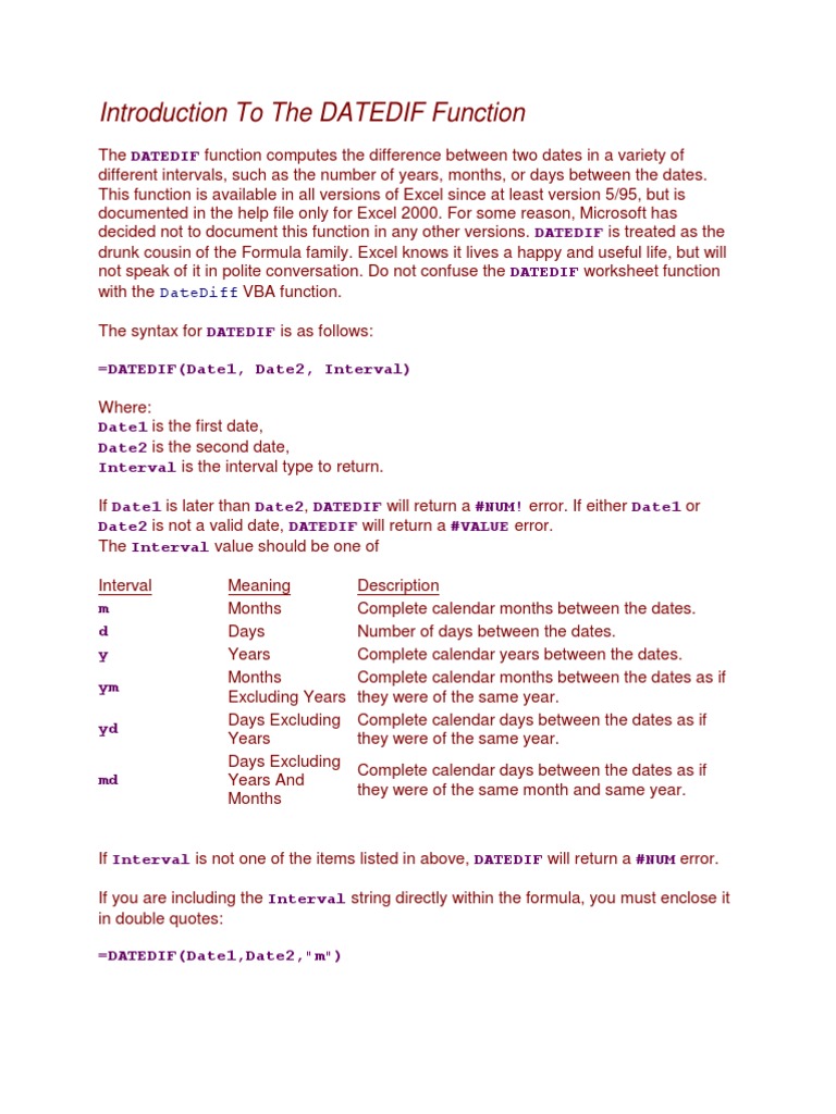 Introduction To The Datedif Function Pdf Microsoft Excel Areas Of Computer Science