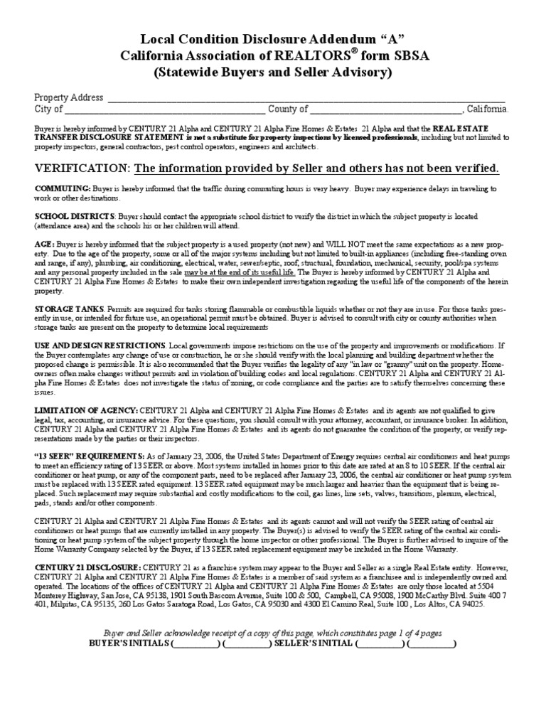 Addendum A Local Condition Disclosure To CAR Form SBSA | PDF | Duct ...