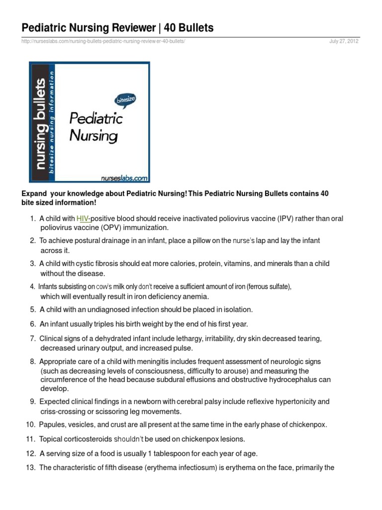 Pediatric Nursing Reviewer 40 Bullets | PDF | Infants | Breastfeeding