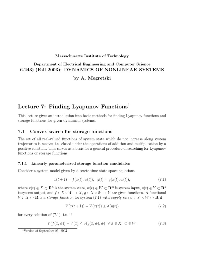 Lecture 7: Finding Lyapunov Functions: 6.243J (Fall 2003) : Dynamics of Nonlinear Systems by A ...