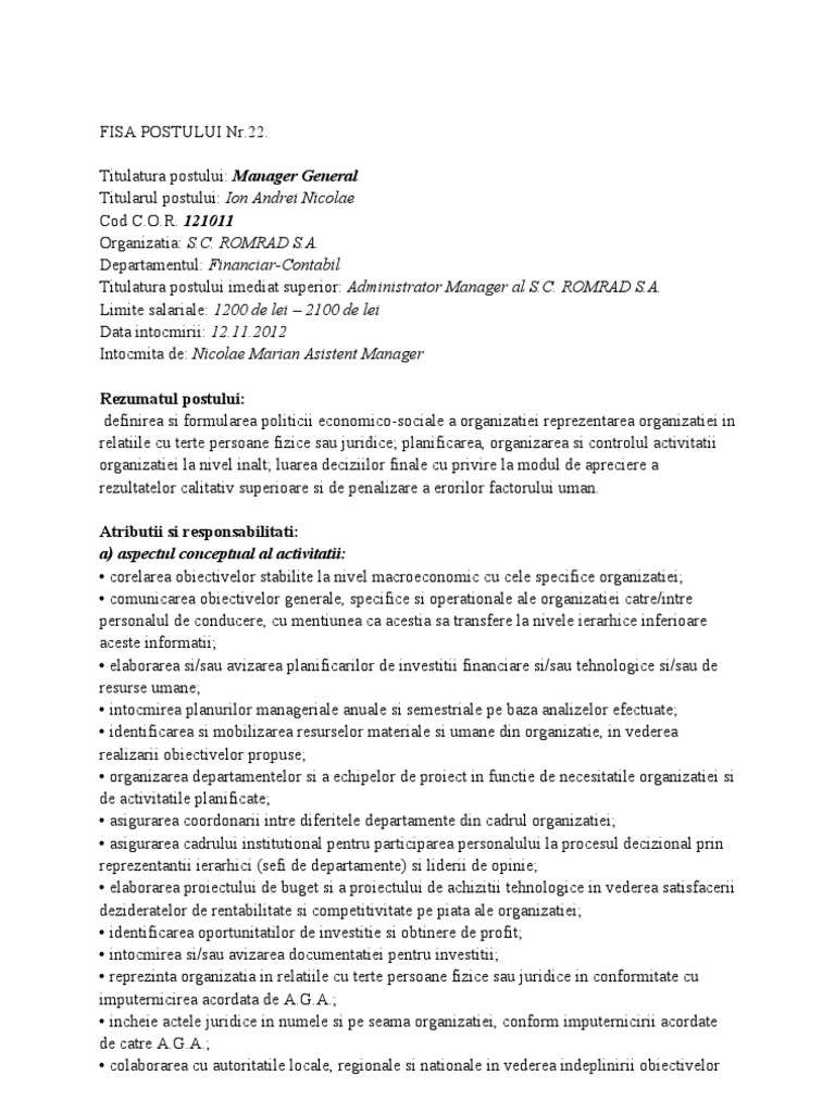 Fisa Post Asistent Manager Model – RUWKHS