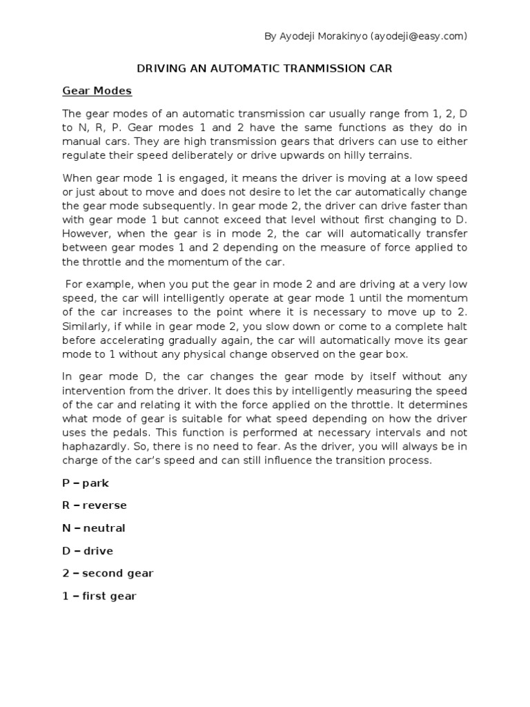 Driving An Automatic Car | PDF | Automatic Transmission | Transmission ...