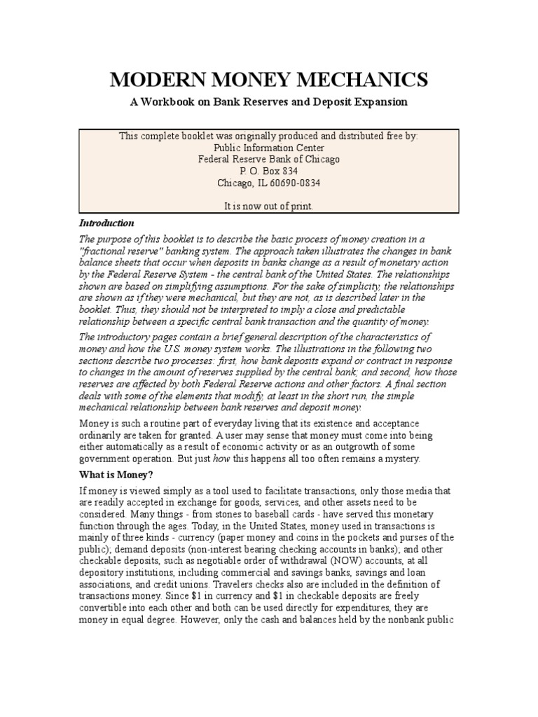 Modern Money Mechanics: A Workbook On Bank Reserves and Deposit ...