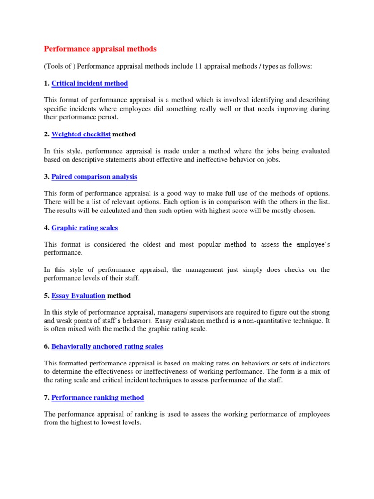 Performance Appraisal Methods | PDF | Performance Appraisal | Employment