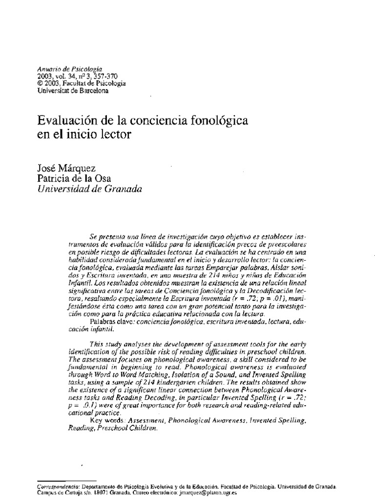 Evaluación Conciencia Fonológica en El Inicio Lector | Descargar gratis ...