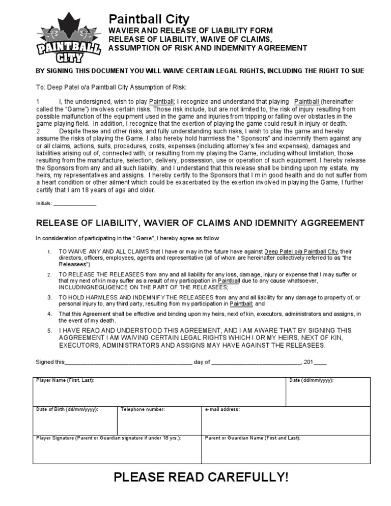 Paintball City Waiver Form | PDF | Indemnity | Legal Concepts