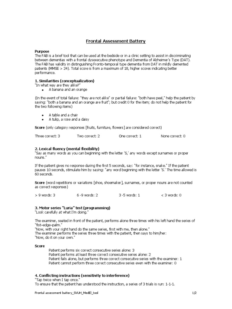 Frontal - Cortex Assess Battery FAB - Scale | PDF | Dementia | Nervous ...