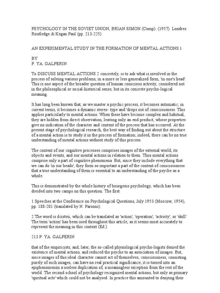 An Experimental Study In The Formation Of Mental Actions 1 PDF 