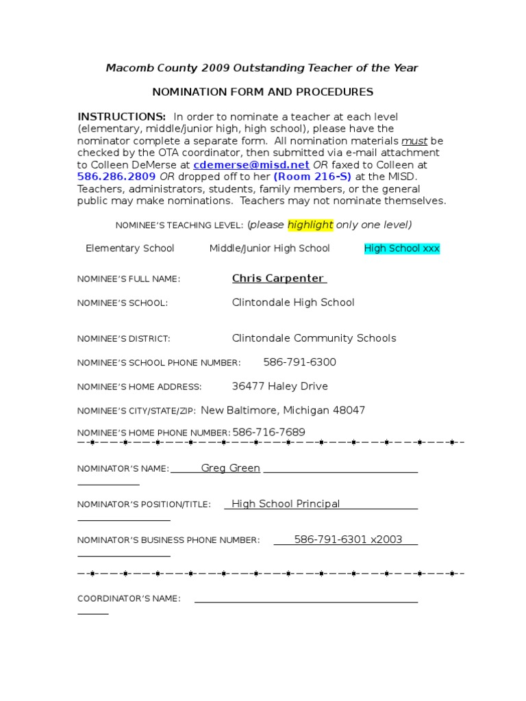 Nomination Form and Procedures INSTRUCTIONS: in Order To Nominate A ...