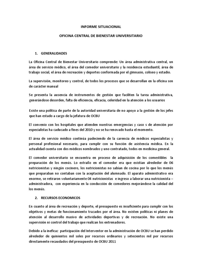 Informe Situacional de La Ocbu. - Ing. Zoila Cordova - 4-2-12 | PDF | Dietético | Farmacia