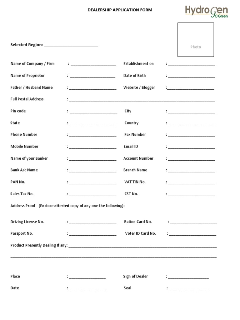 Dealership Application Form: Photo | PDF | Government | Business